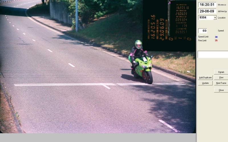 Speeding biker snared by front-facing speed camera shots